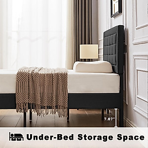 VECELO Twin Size Upholstered Bed Frame with Height Adjustable Fabric Headboard, Heavy-Duty Platform Bedframe/Mattress Foundation/Strong Wood Slat Support/No Box Spring Needed, Dark Gray