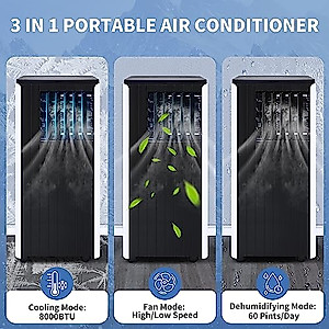 DENBIG Portable Air Conditioner for Room up to 350 sq.ft, 8,000 BTU A/C Unit with Dehumidifier and Cooling Fan with 2 Speeds, 24-Hour Timer, Sleep Mode, Remote Control, Window Installation Kit