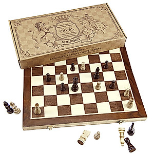 AMEROUS Chess Set, 15"x15" Folding Magnetic Wooden Standard Chess Game Board Set with Wooden Crafted Pieces and Chessmen Storage Slots