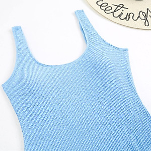 Limeeke Women One Piece Swimsuit Solid Ribbed Monokini Swimwear Scoop Neck Low Back Bathing Suit Sky Blue XS