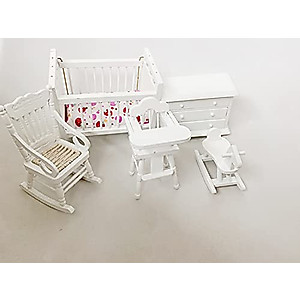 White Wooden Nursery Bedroom (5pcs) 1:12 Scale Dollhouse Furniture,Non-Toxic Paint