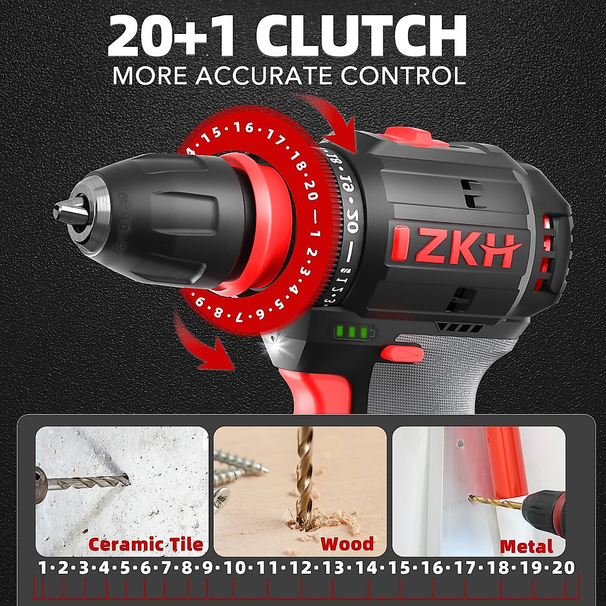 ZKH Cordless Drill Set, 16V Electric Power Drill Driver with Battery and Charger,2 Variable Speed, 3/8" Keyless Chuck, Up to1800RPM,Torque 487 In-lbs,47Pcs Drill Bits, Tool Sets for Men