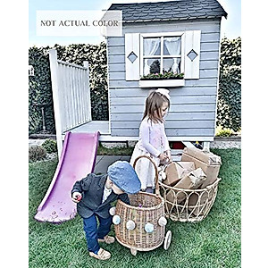 WIKLIBOX Rattan Pully Toy Basket - Handcrafted European Wicker Luggy Toy Storage - Natural, Durable & Stylish Organizer - Perfect for Kids' Rooms, Nurseries & Playrooms | Pink with Pom Poms