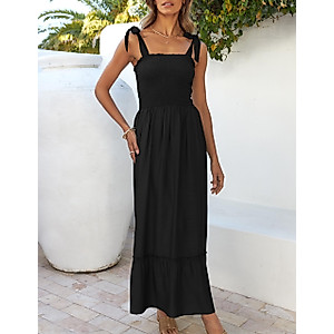 ZESICA Women's 2024 Summer Boho Spaghetti Strap Square Neck Solid Color Ruffle A Line Beach Long Maxi Dress,Black,Small