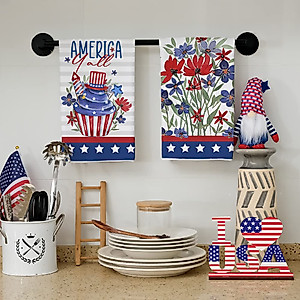 GEEORY Kitchen Towels for 4th of July Decorations Floral America Patriotic Dish Towels 18x26 Inch Ultra Absorbent Bar Drying Cloth Hand Towel for Kitchen Bathroom Party Home Set of 2 GD093