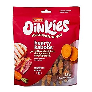 Hartz Oinkies Meathouse'n'Veg Hearty Kabobs Dog Treats with Real Chicken, Duck, Carrots, and Sweet Potato, Long-Lasting Yet Highly Digestible, 18 Count