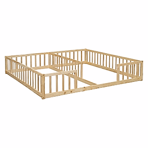 PVWIIK Twin Size Double Montessori Bed for Kids, Girls, Boys Bedroom,Twin Floor Bedframe w/Fence,Easy Assembly & No Box Spring Needed, Natural