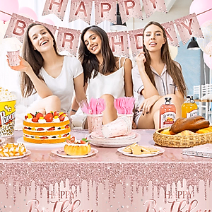 Roshtia 171 Pcs Pink Rose Gold Birthday Party Supplies Pink Birthday Tableware Set Rose Gold Party Plates and Napkin Tablecloths with Banner and Forks Knives Spoons Serve 24 Guest