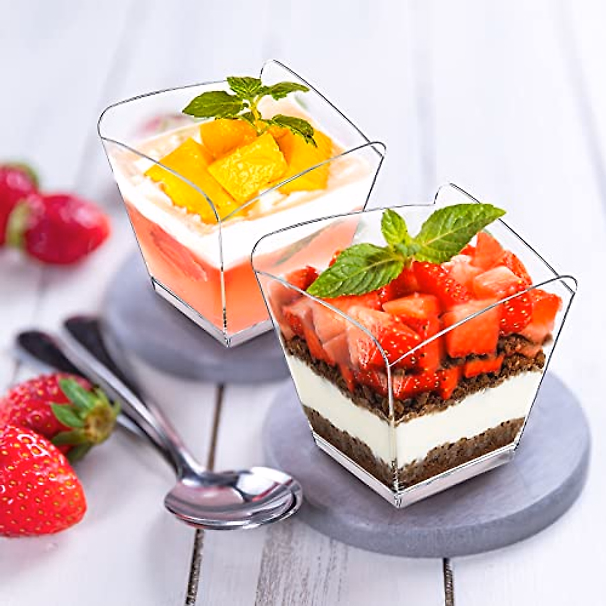 ZENFUN 100 Pack Dessert Cups with Spoons, 3.5 Oz Square Mini Dessert Pudding Cups, Clear Plastic Parfait Appetizer Cups for Mousse Cake, Parties, Wedding, Tasting