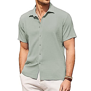 COOFANDY Men's Casual Short Sleeve Button Down Shirt Textured Summer Beach Shirt Light Green