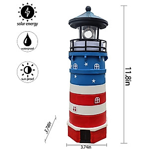 YQLEPIN Garden Solar Lighthouse Décor, American Flag Solar Lighthouse with Rotating Beacon，Lighthouse Lawn Ornament Patio Windowsill Decoration, Best Gift for Child Friends.（Round Design