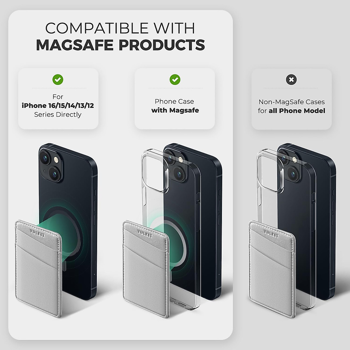 VULKIT Magnetic Phone Wallet for MagSafe- RFID Blocking - Card Holder Wallet for iPhone 16/15/14/13/12 Series & Phone Case with MagSafe Silver