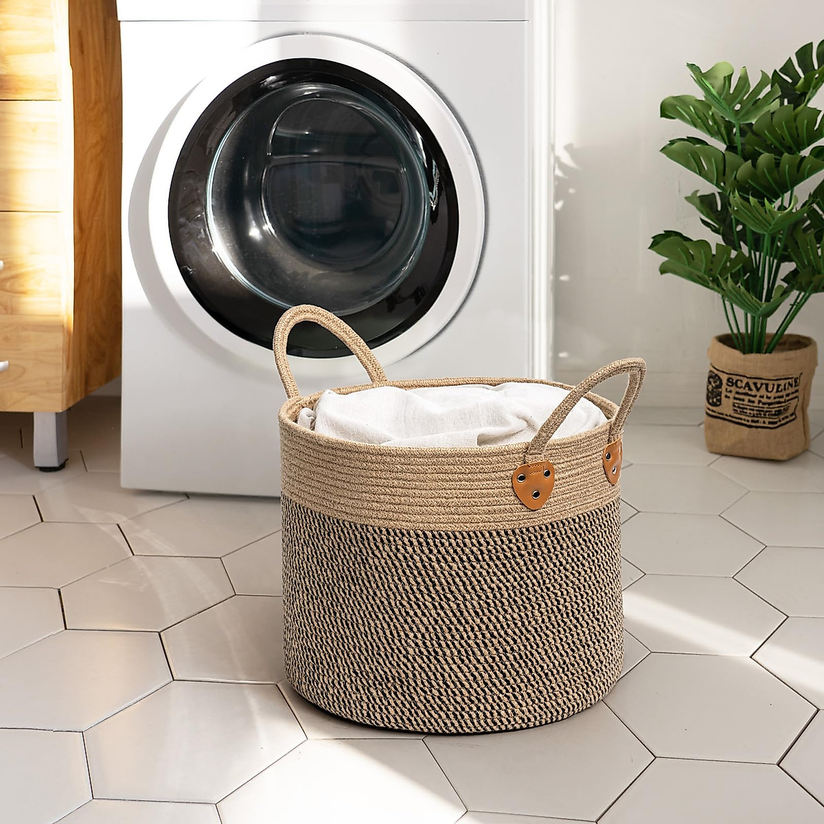 TIMEYARD Woven Baskets, 14'' x 12'' Wicker Plant Basket Home Decor, Decorative Basket Laundry Baskets for Clothes Pillows Towel, Black