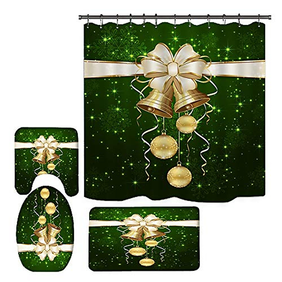 zhangwei Shower Curtains for Bathroom, Christmas Shower Curtain Set for Bathroom, Winter Holiday Festival New Year Shower Curtain Sets with 12 Hooks and Non-Slip Rugs, Bath Mat, Toilet Lid Cover