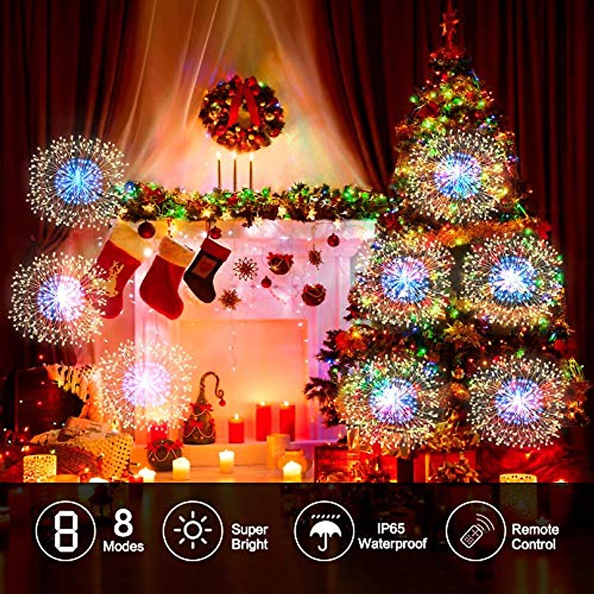 Homesprit 8 Pack Firework Lights 180 Led Copper Wire with 8 Models Power Supply Remote Control Waterproof Outdoor Hanging for Decor Garden Party Christmas