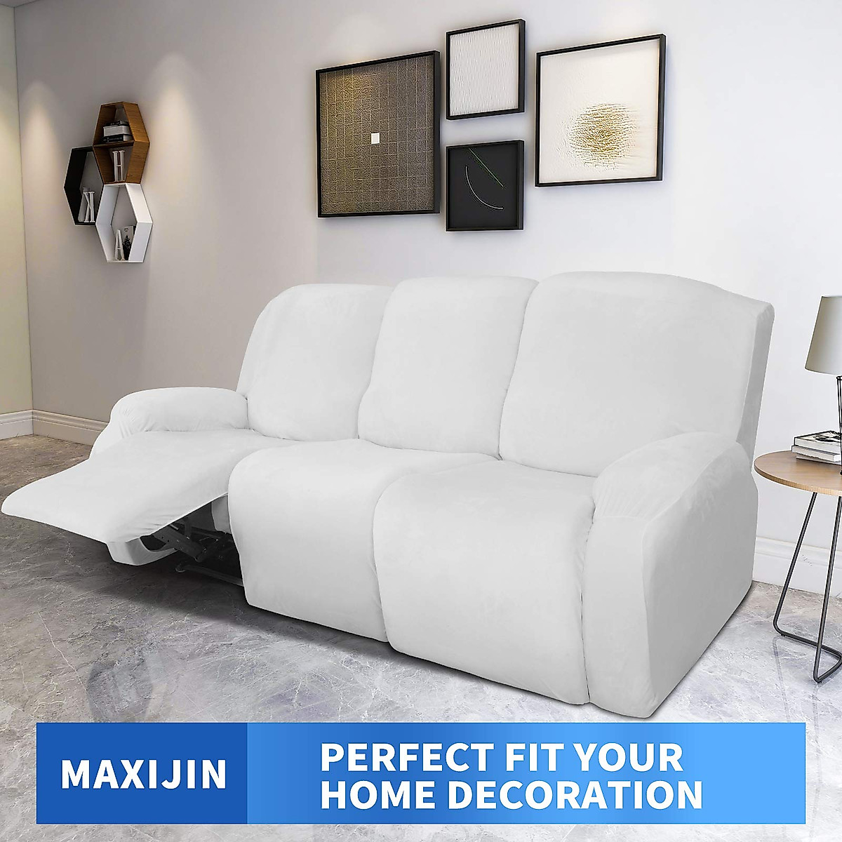 MAXIJIN 8 Pieces Recliner Sofa Covers, Stretch Velvet Reclining Couch Covers for 3 Cushion Furniture Covers, Thick, Soft, Washable Reclining Sofa Slipcovers (Sofa Recliner, White)