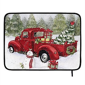 C.IOPMNU Christmas Red Truck Dish Drying Mat - 18" x 24" Microfiber Dish Mat Absorbent Drying Pad Heat-resistant Dish Drainer Mats for Kitchen Countertop