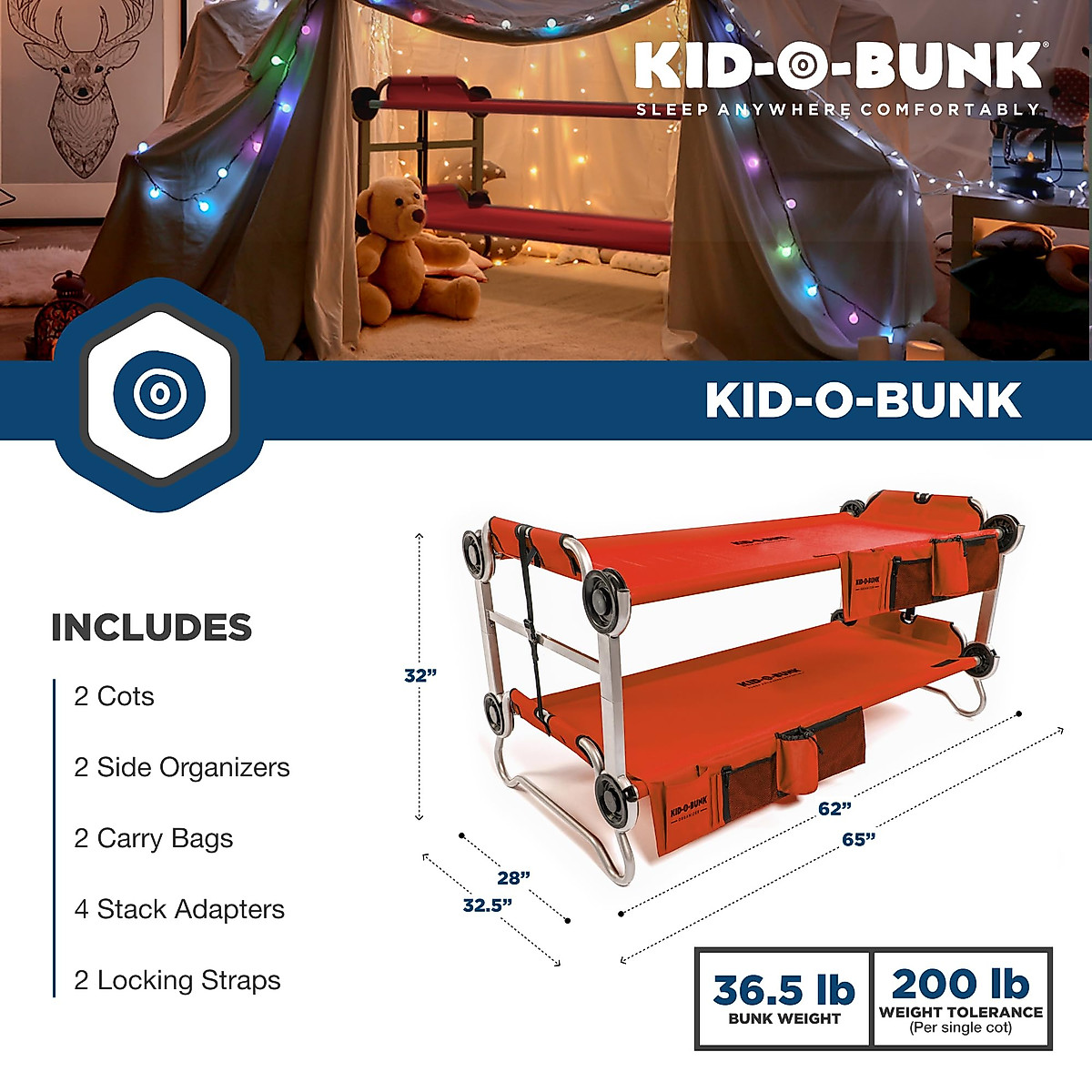 Disc-O-Bed Kid-O-Bunk with 2 Side Organizers, Red