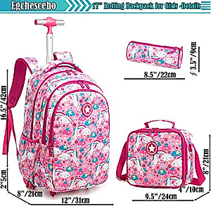 Egchescebo Girls Rolling Backpacks with Wheels 3PCS Unicorn Backpack Set for School Wheeled Luggage Suitcase Lunch Box Pencil Case Large Capacity Bookbag Adjustable Trolley for Elementary Travel Red