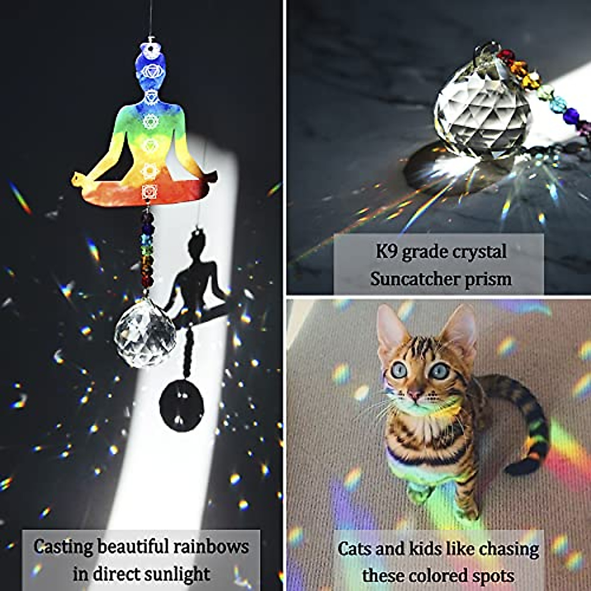 Chakra Healing Crystal Prism Suncatcher with Rainbow Yoga Meditation Figurine Statue Stained Glass Beads for Window Garden Wall Hanging Decoration