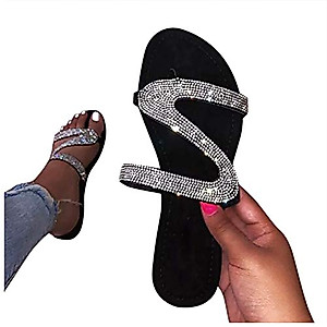 POTO Sandals for Women Casual Summer Rhinestone Glitter Flat Sandals Slide Sandal Roman Shoes Beach Flip Flops Slippers Silver