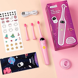 Elifloss Kids Electric Toothbrushes, 2 Modes with Memory, 2 Min Timer, Fun&Easy Clean, IPX7 Waterproof Rechargeable Kids Toothbrush for Age 3-12 with 3 Dupont Soft Bristles, Pink