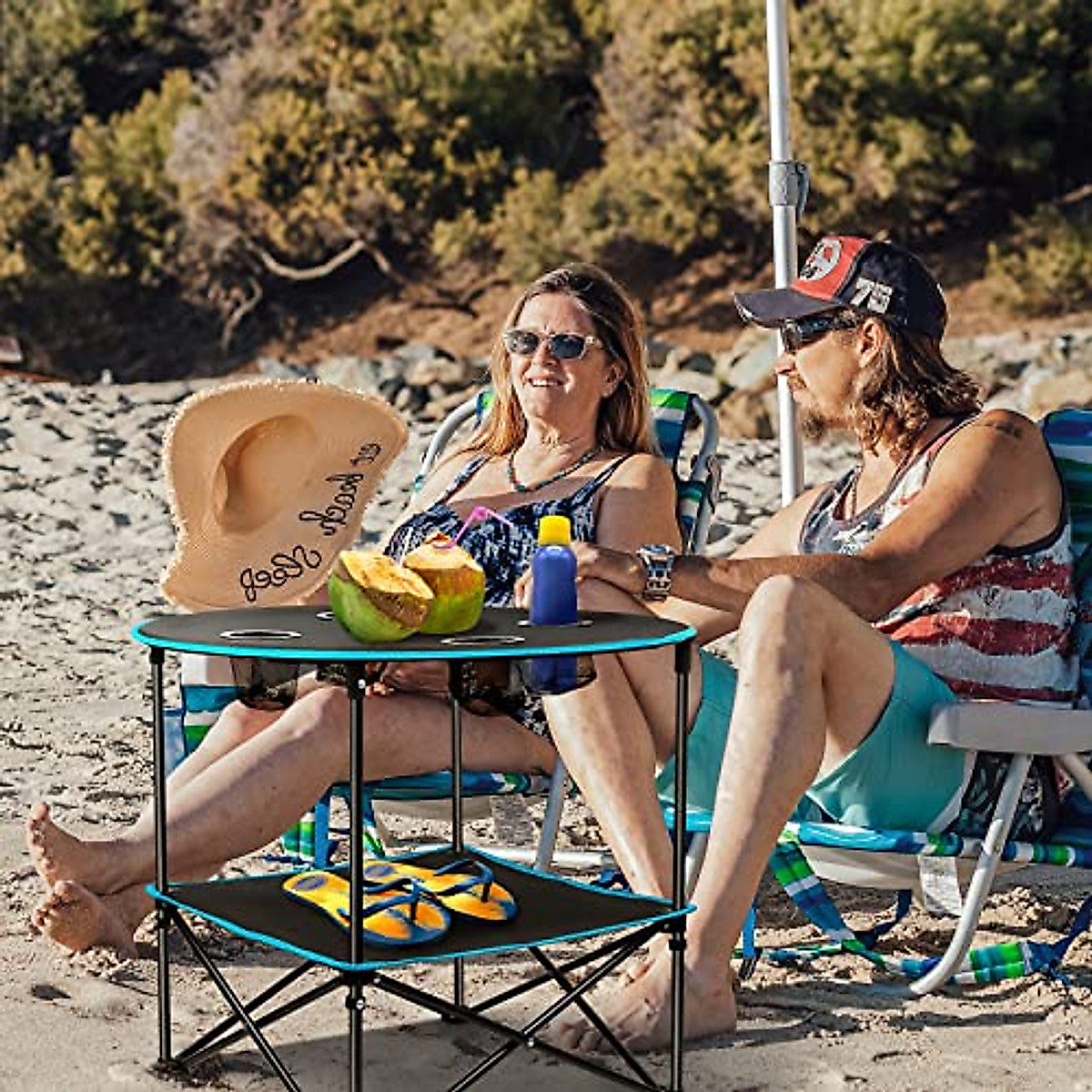LESES Folding Camping Table Portable Picnic Table Tailgating Table with 4 Cup Holders and Storage Bag for Fishing，Beach，Outdoors，Picnic and Hiking (Black&Blue)
