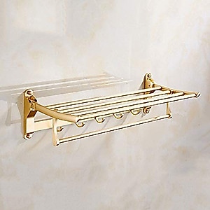 Muti-Function Bathroom Shelf, Space Aluminum Shower Towel Holder, Wall Mounted Double Layer Shelves, Foldable Antirust Towel Rack for Bathroom Hotel 4-Bar 4 Hooks (Color : Gold)