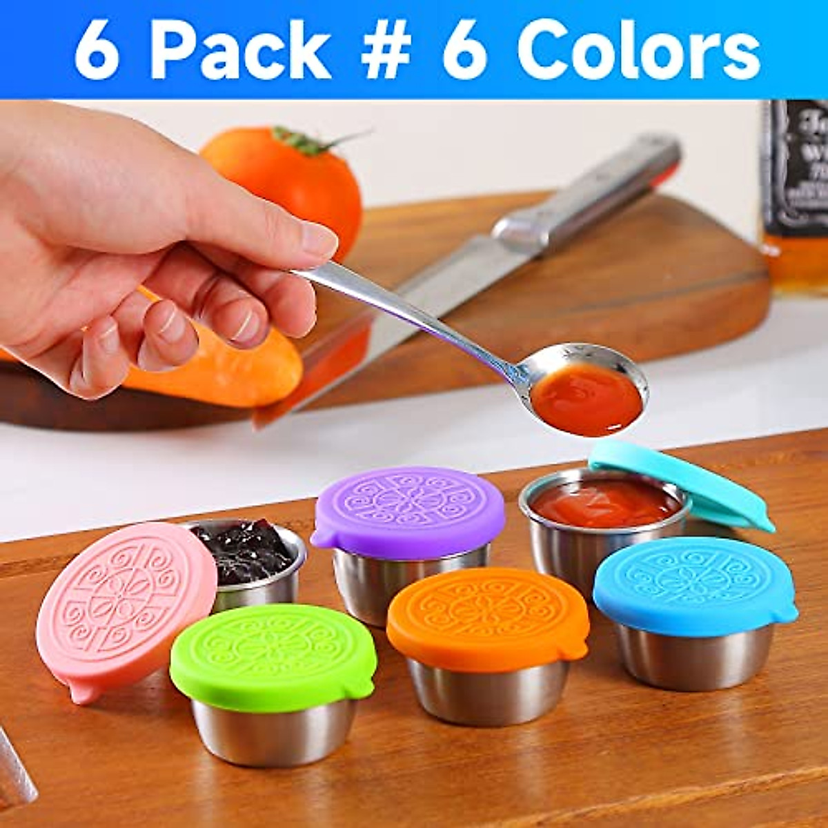 6 Pack 1.6 OZ Salad Dressing Containers To Go, Advanced Stainless Steel Condiment Containers with Silicone Lids Easy to Open, Leakproof colorful Compact Salad Sauce Cups Easy to Carry Everyday