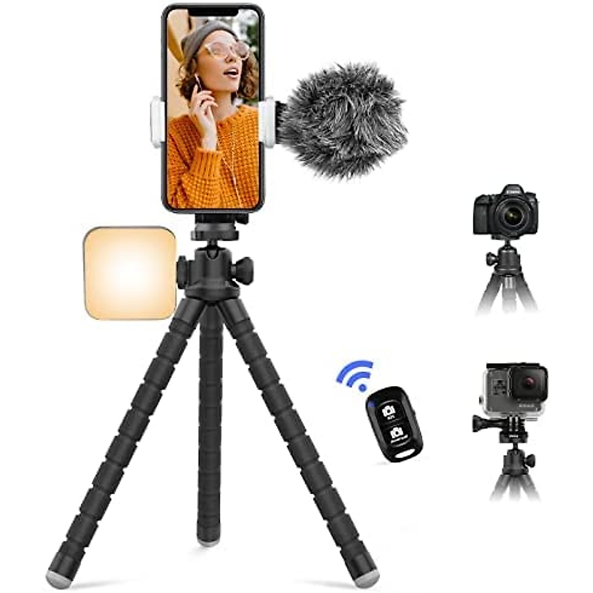 Aureday Cell Phone Tripod, Flexible Mini Tripod with Remote and Cold Shoe, Small Tripod Stand for Video Recording, Vlogging, Compatible with Microphones,Cellphone,Camera,Gopro