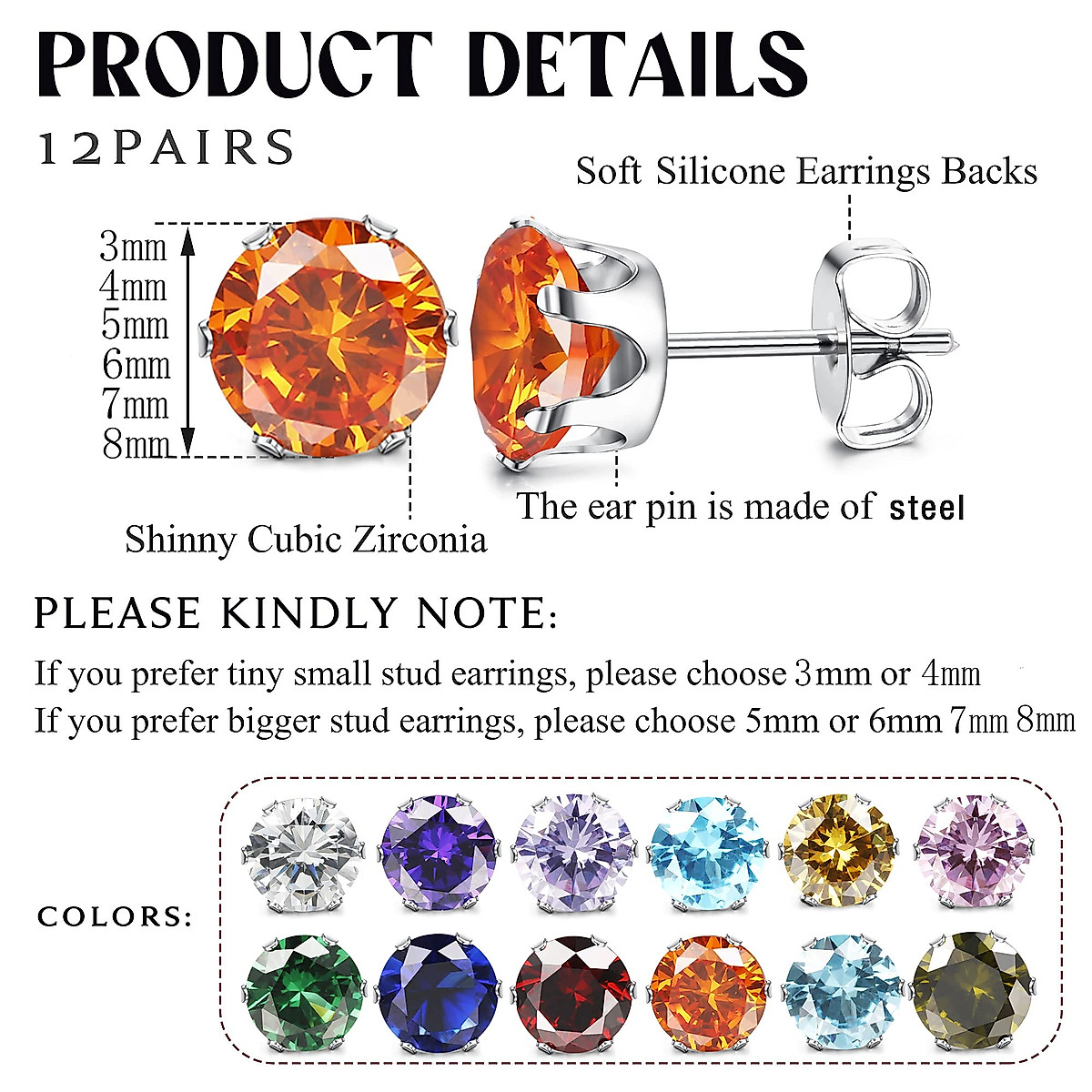 Jstyle Hypoallergenic Stud Earrings for Women Men Surgical Stainless Steel Birthstone Earrings Studs Colorful Cubic Zirconia Earrings Set Womens small Stud Post Earrings for Sensitive Ears