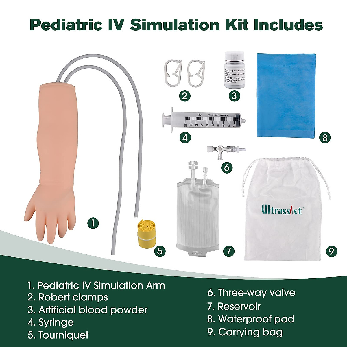 Ultrassist Pediatric IV Simulation Arm Kit, Pediatric IV and Phlebotomy Practice Kit for IV Training, Venipuncture Skills, Injection Practice, Clinical Nursing Training