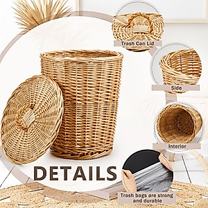 Maxcheck 2 Pcs Wicker Trash Can with 100 Plastic Trash Bag Wicker Waste Woven Basket with Lids and Garbage Bags for Bathroom Kitchen Bedroom Office Bedroom Kitchen Laundry Supplies