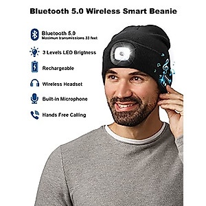 Unisex Bluetooth Beanie Hat with Light, Upgraded Musical Knitted Cap with Headphone and Built-in Stereo Speakers & Mic, LED Hat for Running Hiking, for Men Women Dad (Black)