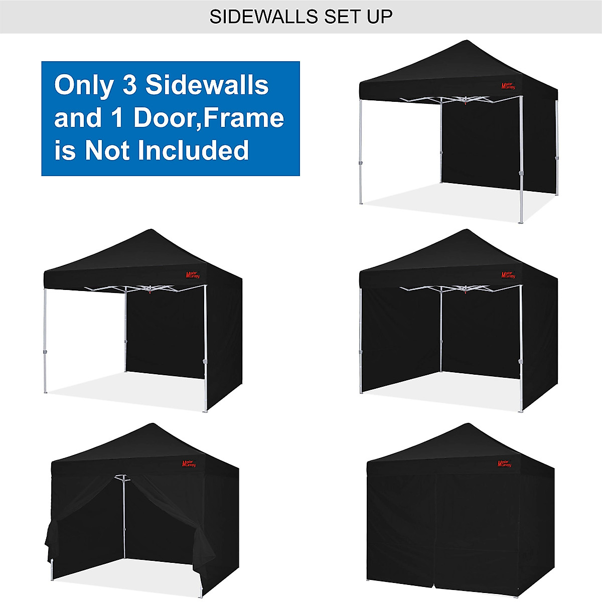 MASTERCANOPY Pop-up Canopy Sidewall Kit, 3 Sidewalls & 1 Doorwall Only Excluding top and Frame (10x10,Black)