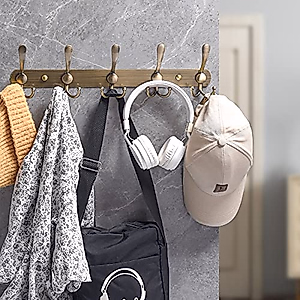 JYL HOME Coat Rack Wall Mounted 5 Triple Hooks Metal Coat Hook Rail for Coat Hat Key Towel Purse Robes, Bronze, 1 Pack