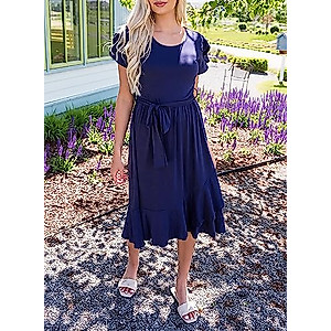 Dokotoo Womens 2023 Summer Spring Dresses Casual Wrap Round Neck Short Puff Sleeve Belt A-Line Ruffle Hem Formal Midi Dress Blue Medium