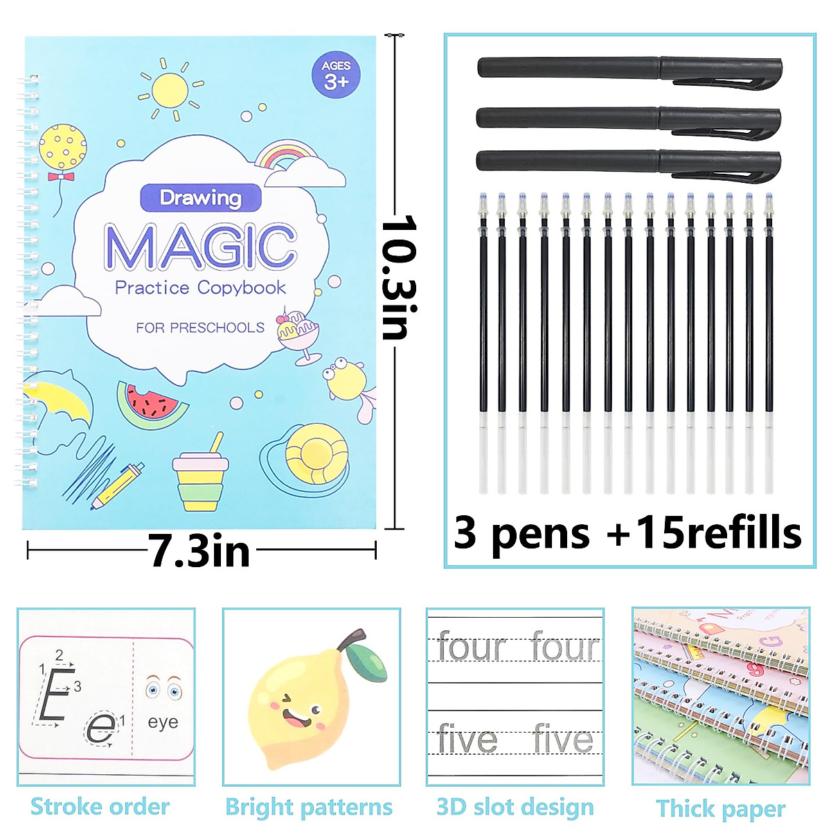4 Pack Groove Magic Practice Copybook for Kids, Comfy Kindergarten Handwriting Set, Life Pigment Copy Book, Reusable Tracing Workbook with Pens & Aid Pen Grips