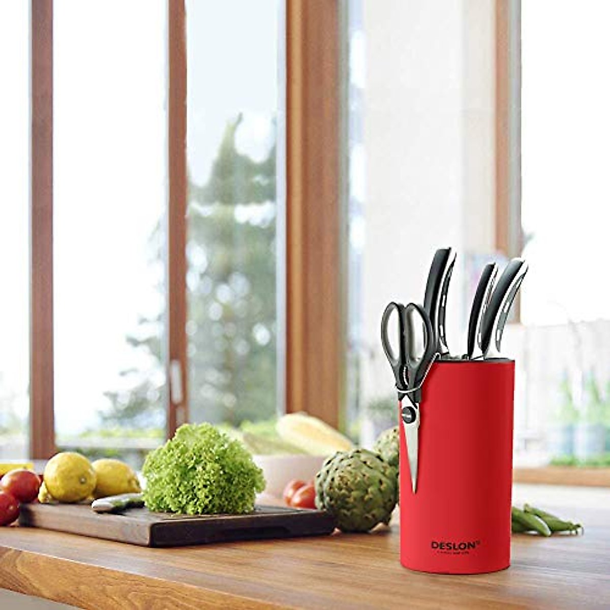 DESLON Knife Blocks, Knife Holder without Knives, Empty Knife Block, Universal Knives Blocks, Red Block Only Design with Scissors-Slot, Holds 12 to 15 Knives,Detachable for Easy Cleaning