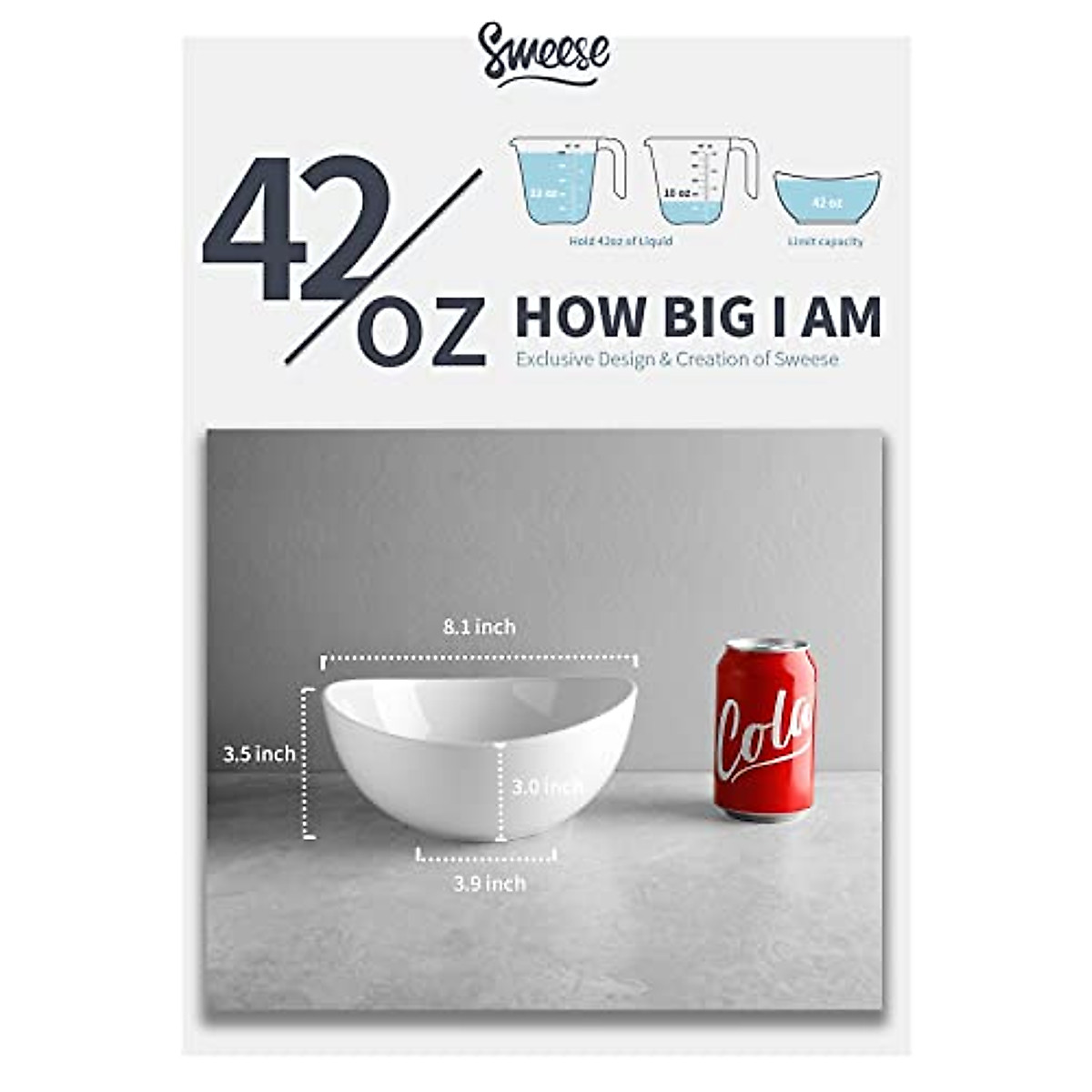 Sweese 104.401 Porcelain Bowls - 42 Ounce for Salad, Fruits and Popcorn - Set of 4, White