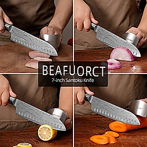BEAFUORCT Japenses Chef Knife, 7inch Chefs Knife, Stainless Steel Kitchen Knives, High Carbon Chopping Knife, Sharp Santofu Knife with Finger Protector & Gift Box For Kitchen