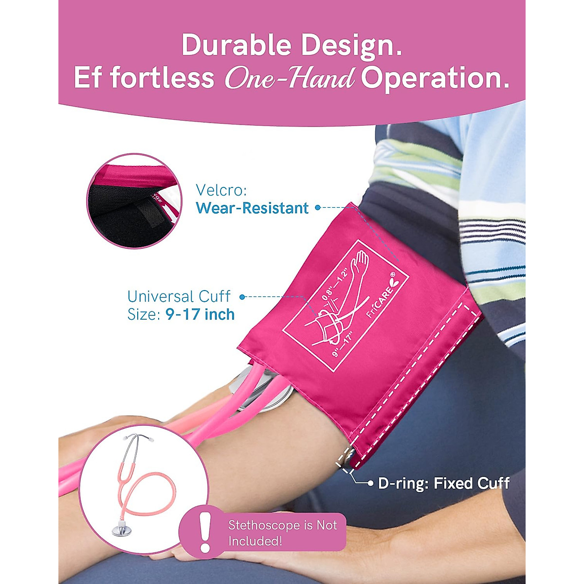FriCARE Pink Manual Blood Pressure Cuff for Nursing Students - Professional Sphygmomanometer for Doctor's Office - Durable Nylon Cuff for BP Monitoring, Carrying Case Included, Universal Adult Size