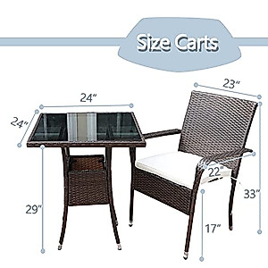 G GVM-US Outdoor Small Patio Table and Chairs Deck Furniture Set for 2, Wicker Glass Cafe & Dining Table Set for Bistro Balcony Lawn