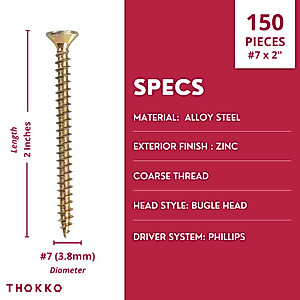 Thokko Zinc Coated Coarse Thread Countersunk Phillips Heavy Duty Wood/Self Drilling Drywall Screws with Bugle Head (#7 x 2 in., 150)