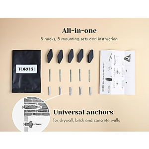 TOROS store Set of 5 Wood Wall Hooks - Modern Black Wooden Coat Hooks for Hanging, Coat Hooks Wall Mounted, Decorative Hooks, Hook Rack, Bag Hooks, Hat Hooks for Wall, Backpack Wall Hook