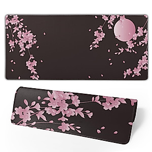 Sakura Cherry Blossom Extended Gaming Mouse Pad Non-Slip Rubber Base Pink Large Mousepad 31.5x11.8in with Stitched Edge Waterproof Flower Keyboard Pads Black Desk Laptop Mats for Work/Game/Office