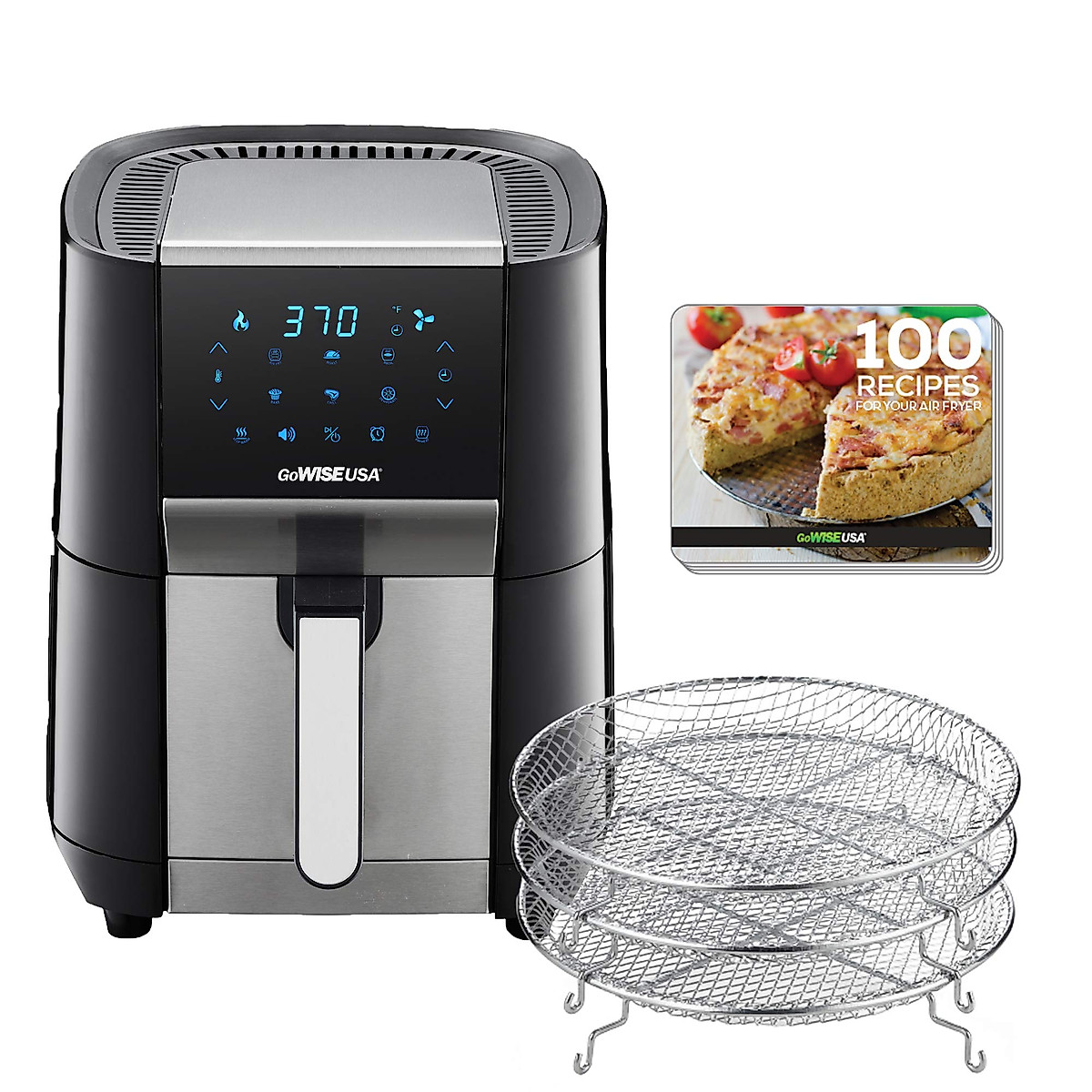 GoWISE USA 7-Quart Air Fryer & Dehydrator - with Ergonomic Touchscreen Display with Stackable Dehydrating Racks with Preheat & Broil Functions + 100 Recipes (Black/Stainless Steel)