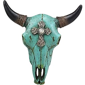 Ebros 10.5" Wide Western Southwest Steer Bison Buffalo Bull Cow Horned Skull Head Turquoise Silver Cross With Floral Lace Design Wall Mount Decor Native Indian Sacred Animal Totem Bust Skulls