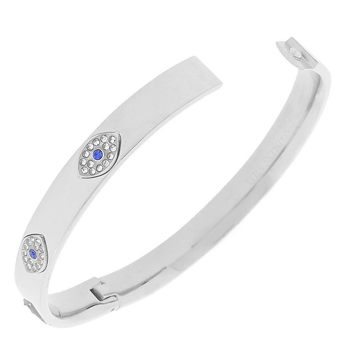 My Daily Styles Stainless Steel White Blue CZ Hamsa Good Luck Bangle Bracelet, 7.5" (White/Evil Eye)