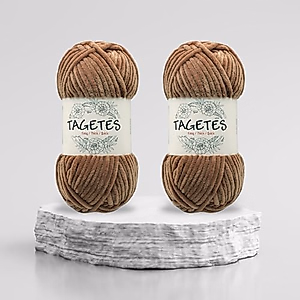 Tagetes Velvet Chenille Yarn (100 gr 132 yds x 2) 264 yds Baby Blanket Yarn, Amigurumi Yarn, Crochet and Knitting Yarn, Super Bulky, Soft, Chunky Yarn (Walnut)